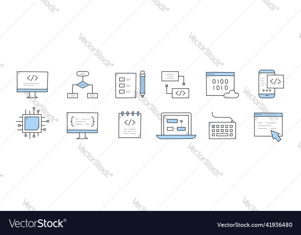 Coding and programming doodle icons set Royalty Free Vector Coding and programming doodle icons set Royalty Free Vector