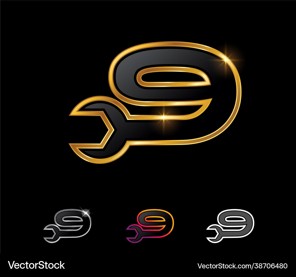 Golden mechanic monogram logo number 9 Royalty Free Vector