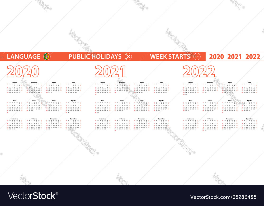 2020 2021 2022 year calendar in portuguese Vector Image 2020 2021 2022 year calendar in portuguese Vector Image