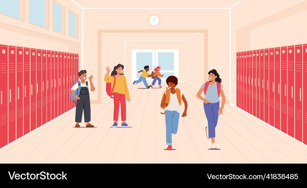 Happy children in school hallway interior back Vector Image