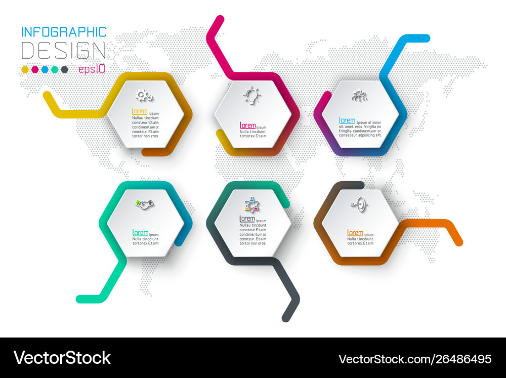 Business hexagon labels shape infographic on row Vector Image