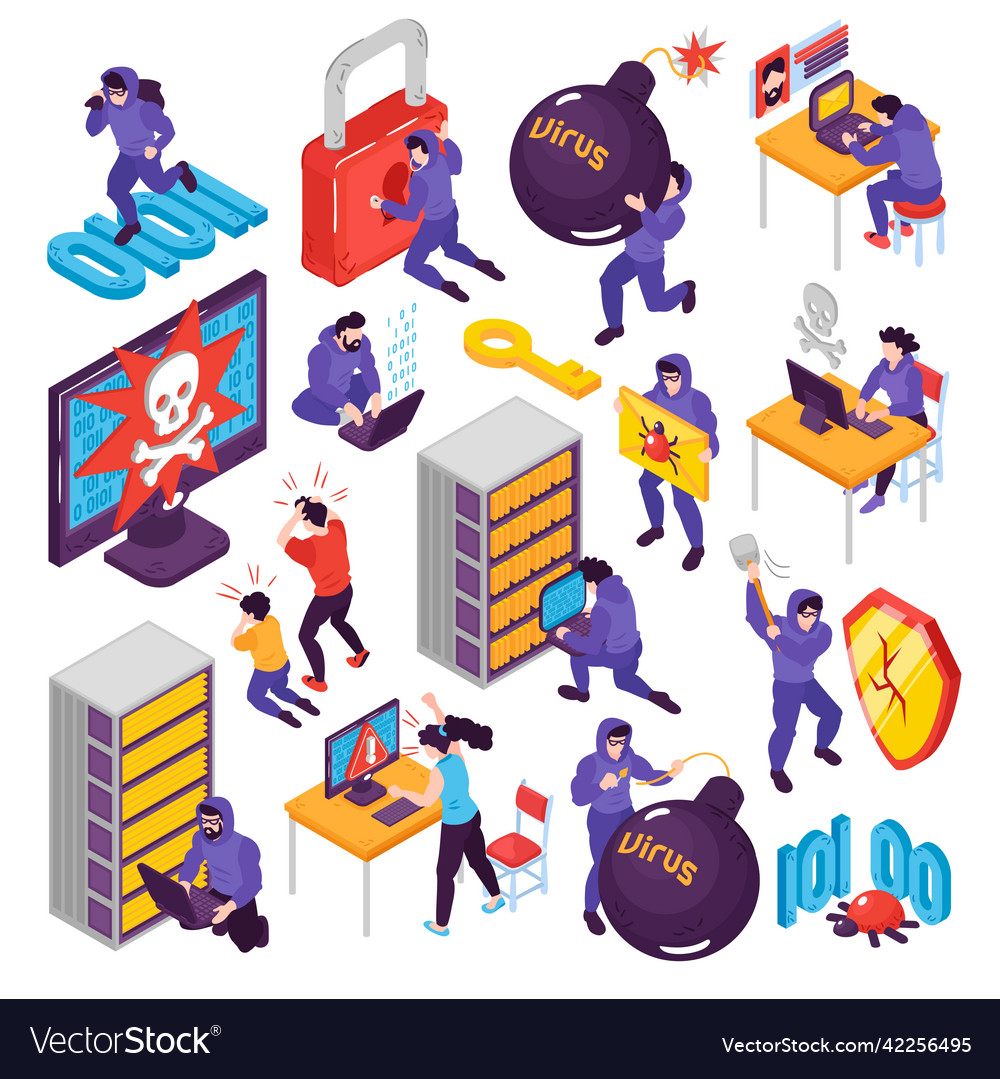 Hacker isometric concept set Royalty Free Vector Image
