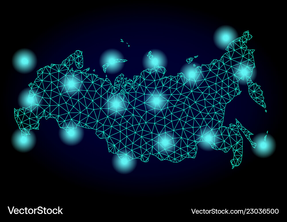 Polygonal network mesh map of russia with light Vector Image