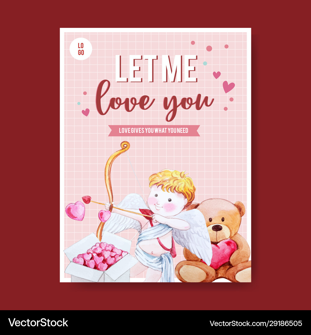 Love poster design with cupid teddy bear Vector Image