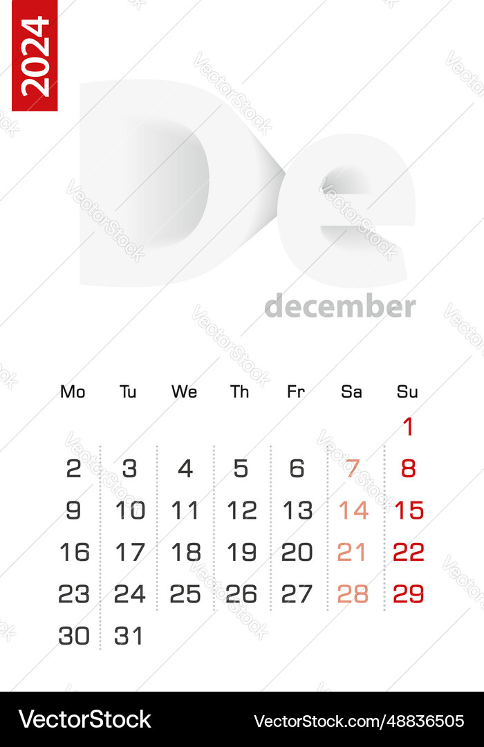 Minimalist calendar template for december 2024 Vector Image