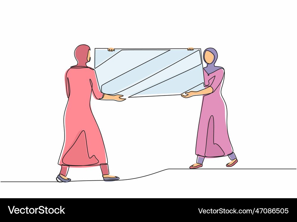 Single one line drawing female loaders carrying Vector Image
