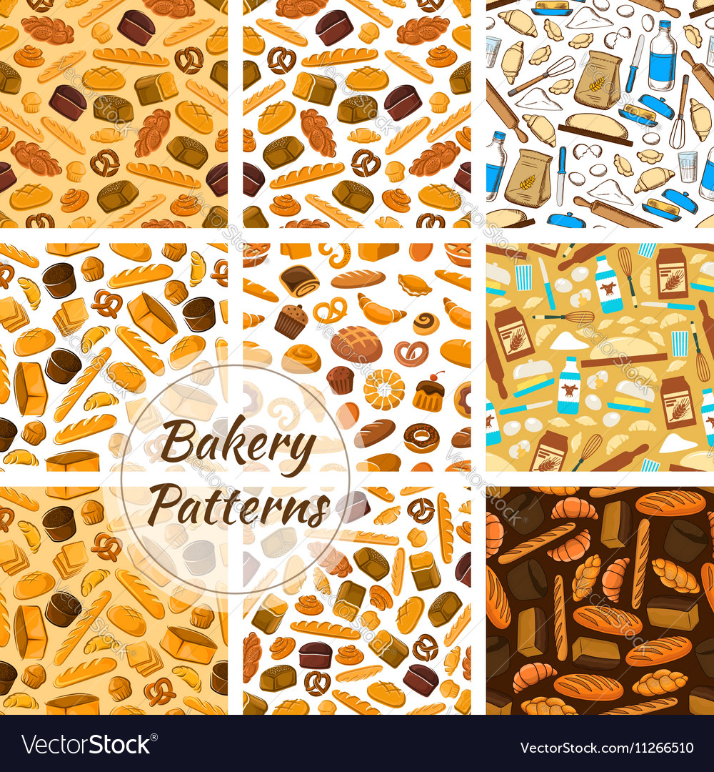 Bakery patterns set Bread and baking kitchenware Vector Image
