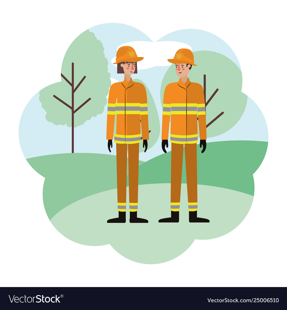 Couple firefighters with landscape avatar Vector Image
