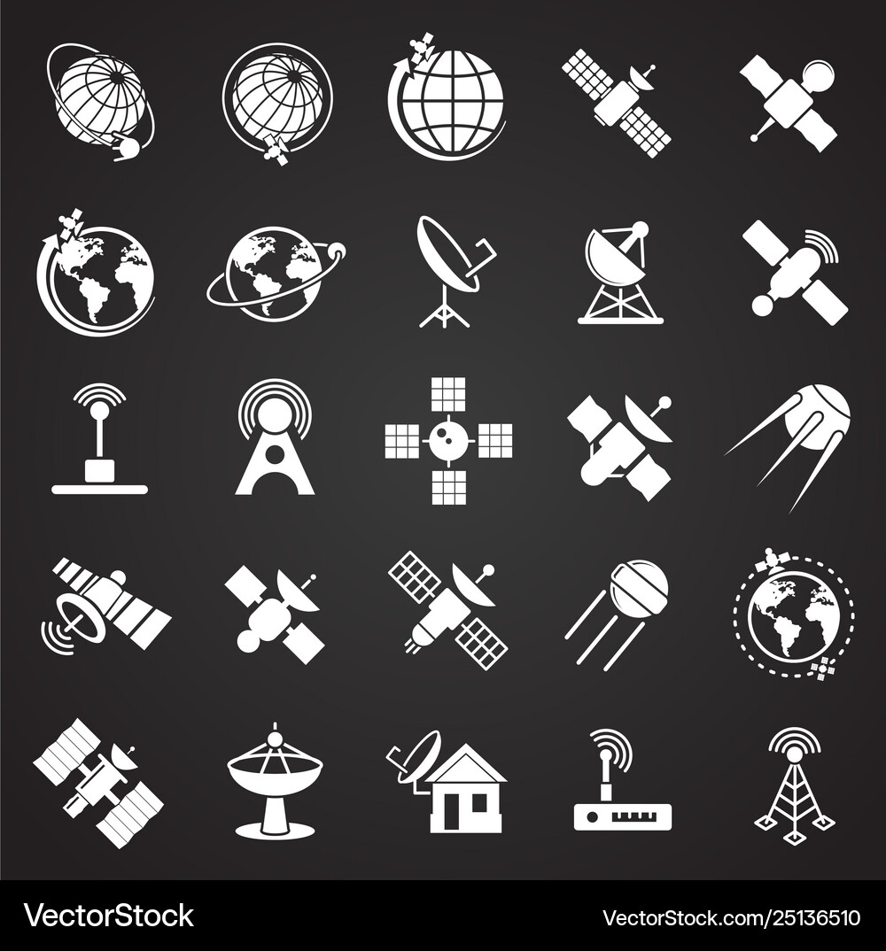 Satellite icons set on black background Royalty Free Vector