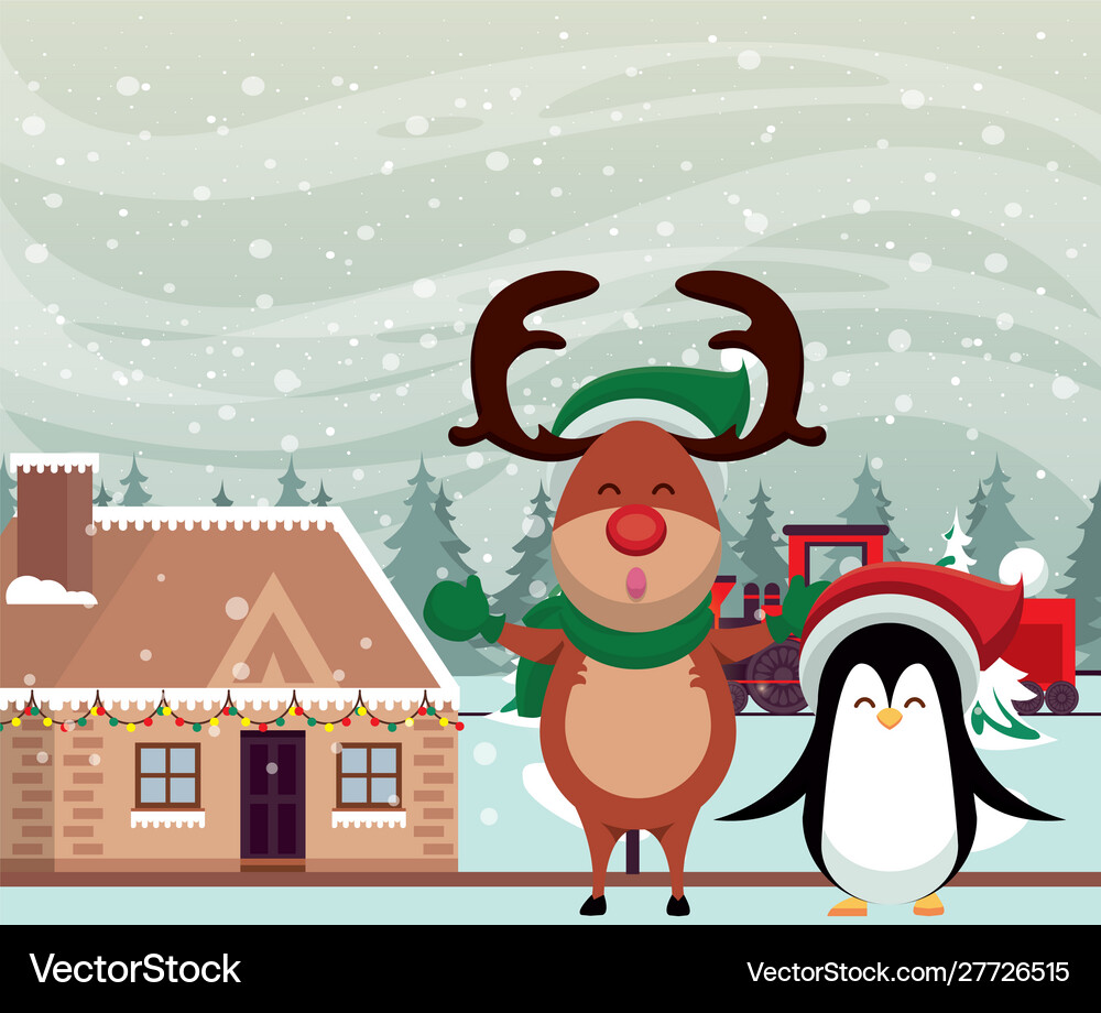 Christmas snowscape scene with reindeer Royalty Free Vector