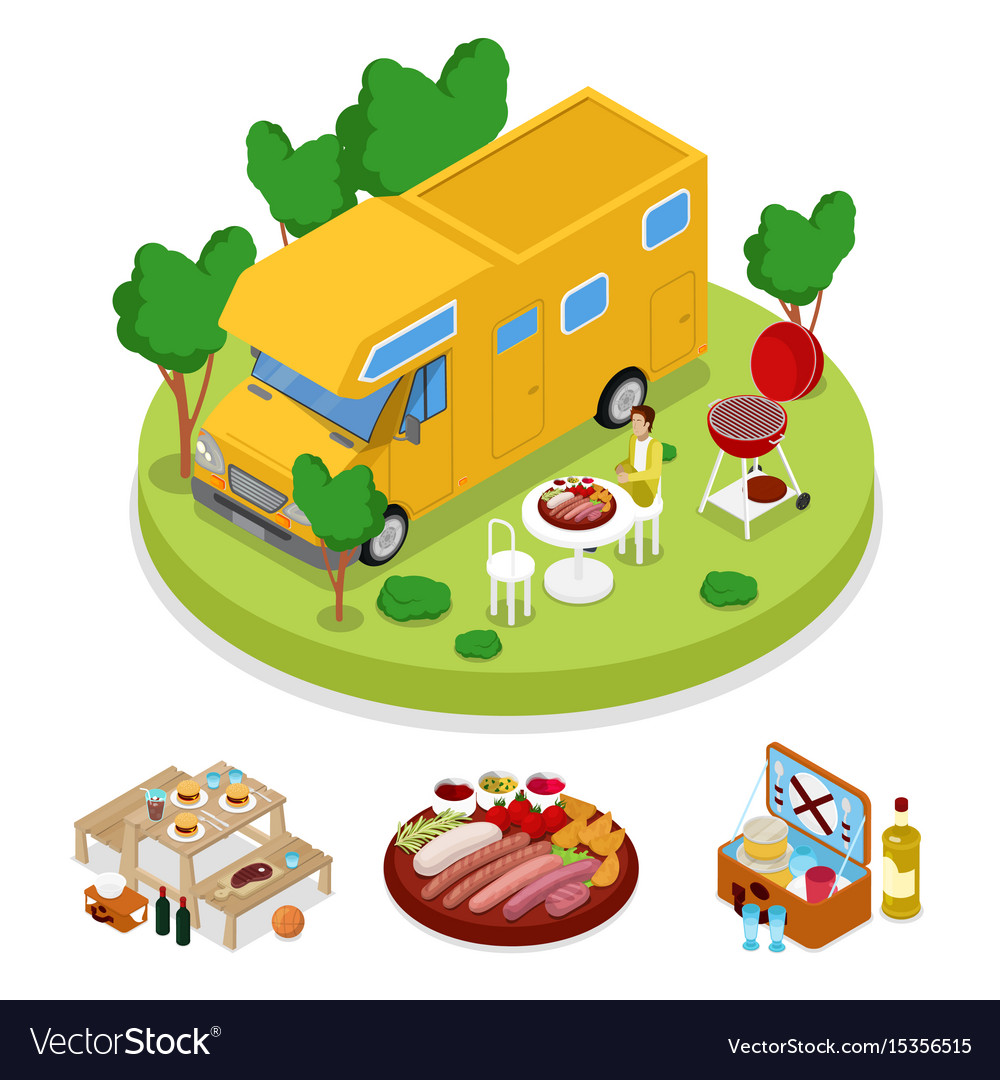 Isometric bbq camper picnic party summer camp Vector Image