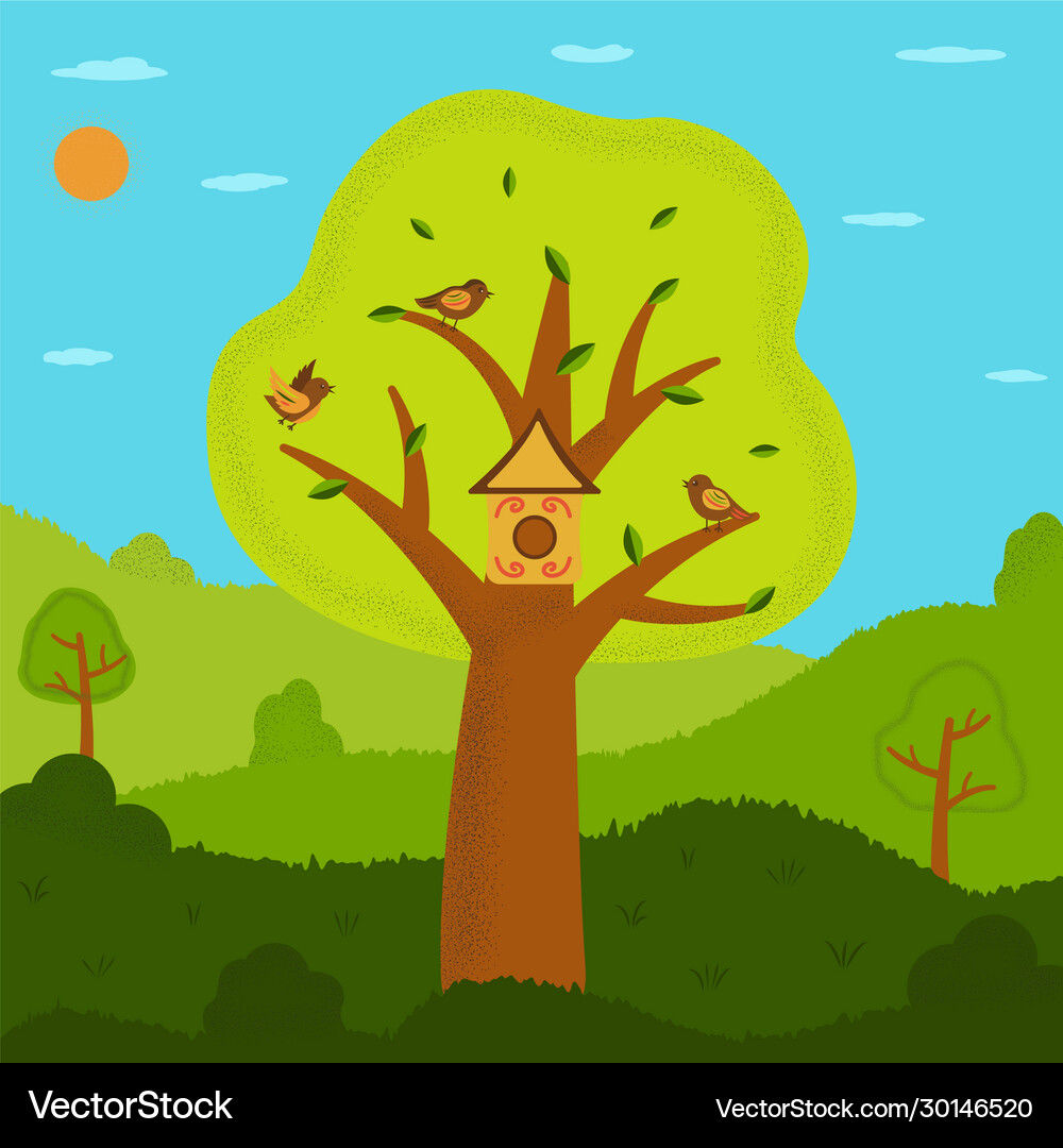 Beautiful green tree with leaves birds Royalty Free Vector
