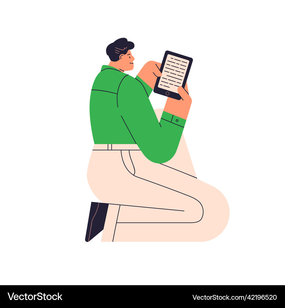 Happy ebook reader person with tablet pc in hands Vector Image