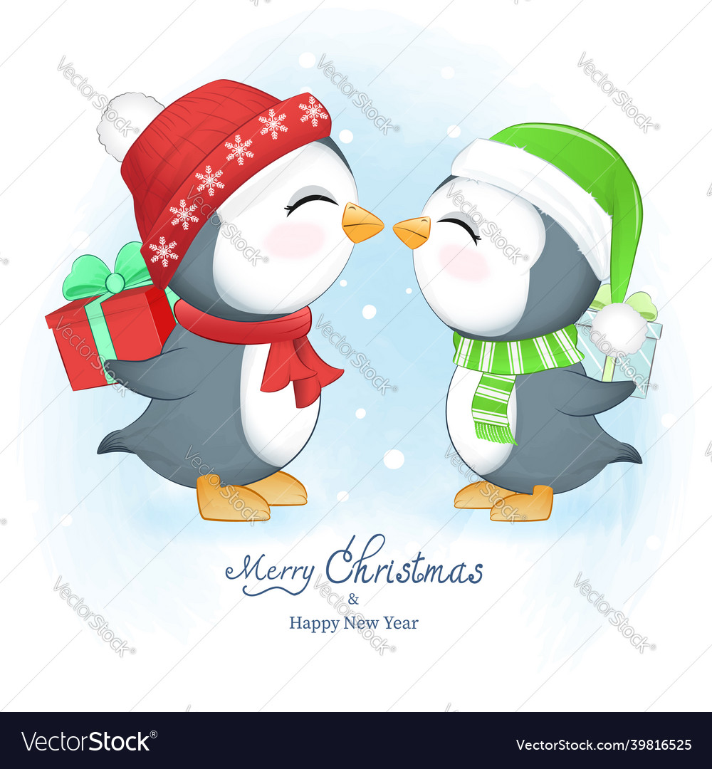 Cute penguin and gift box winter christmas Vector Image