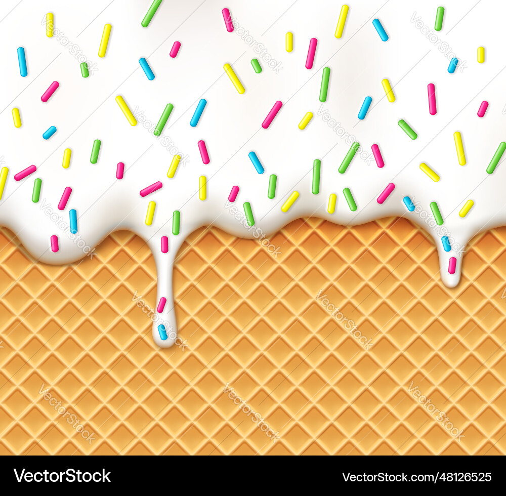 Realistic ice cream drip on wafer cone background Vector Image