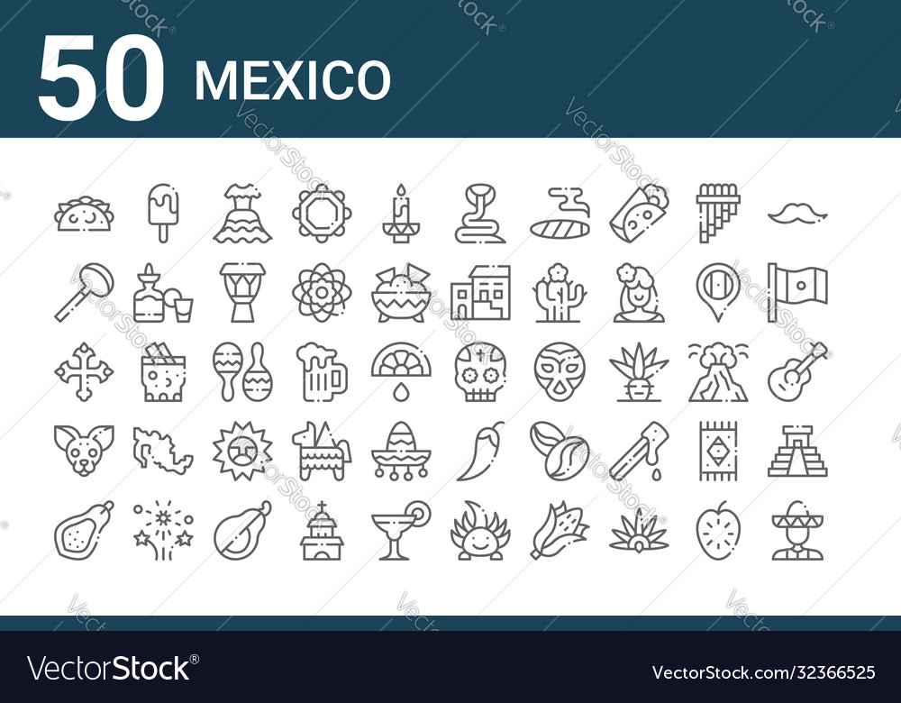 Set 50 mexico icons outline thin line icons Vector Image