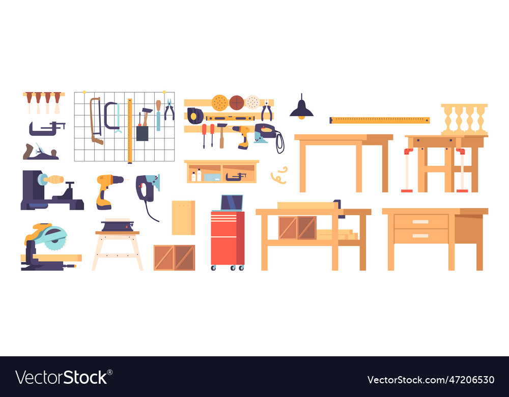 Carpentry workshop items set workbench saw Vector Image