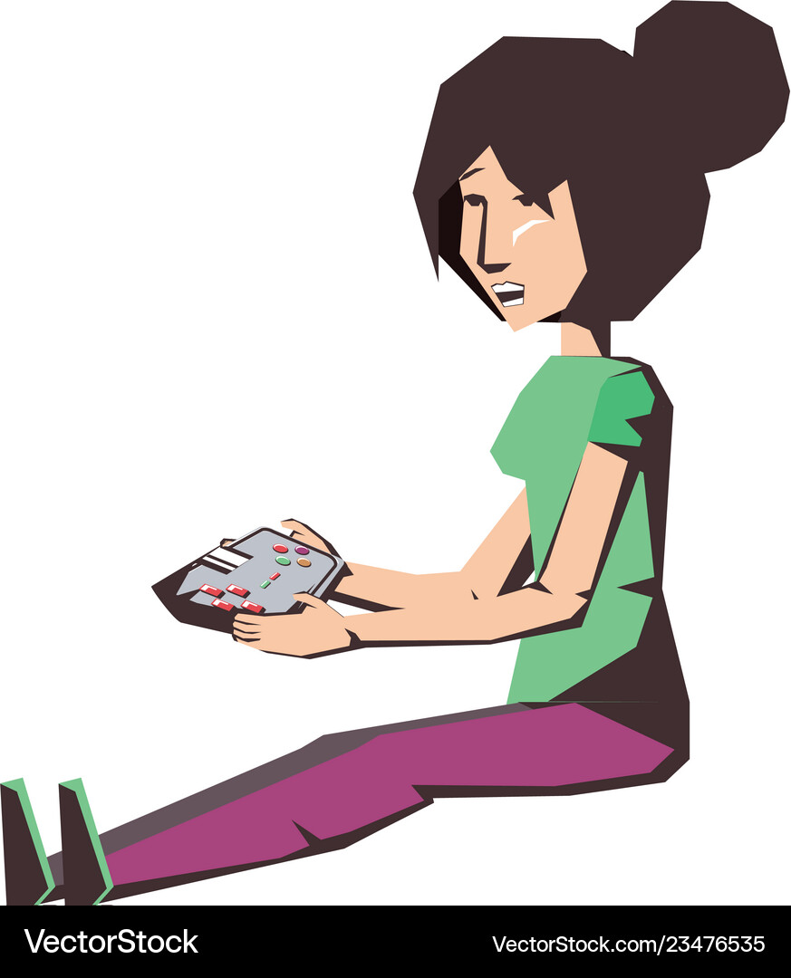 Woman player video game sitting with control Vector Image