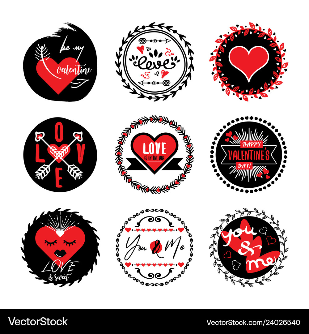 Black and red circle cute love heart emblems Vector Image