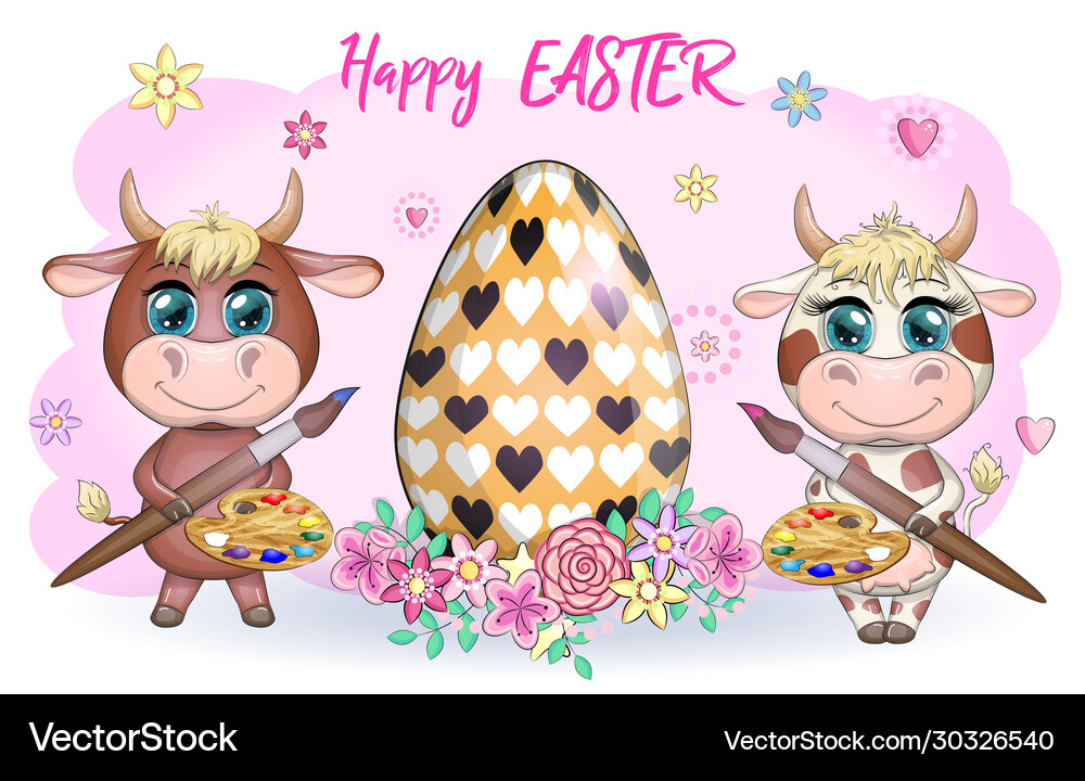 Cute cartoon cow a bull with an easter egg next Vector Image