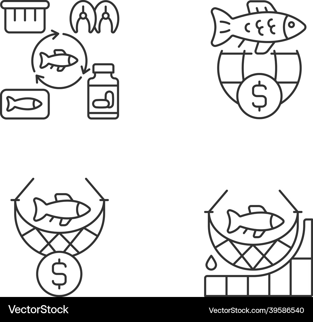 Fish product producing and trade linear icons set Vector Image