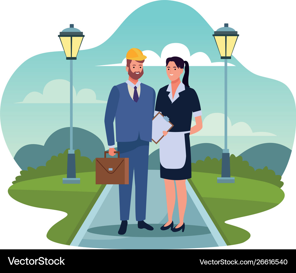 Professionals workers couple smiling cartoons Vector Image