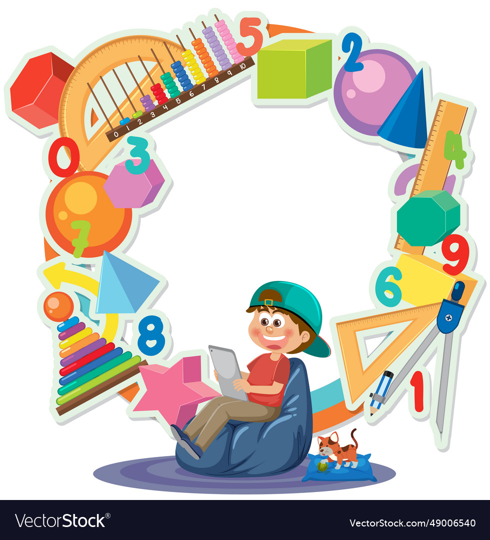 Young boy learning math with tablet on circle Vector Image
