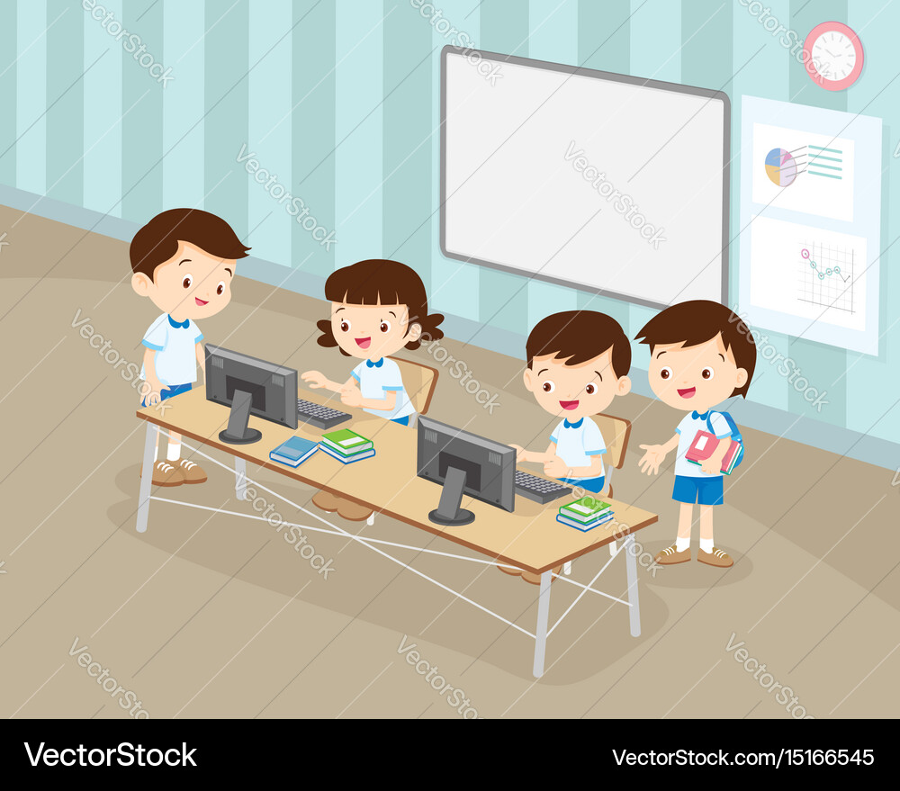 Students boy and girl are working with computer Vector Image
