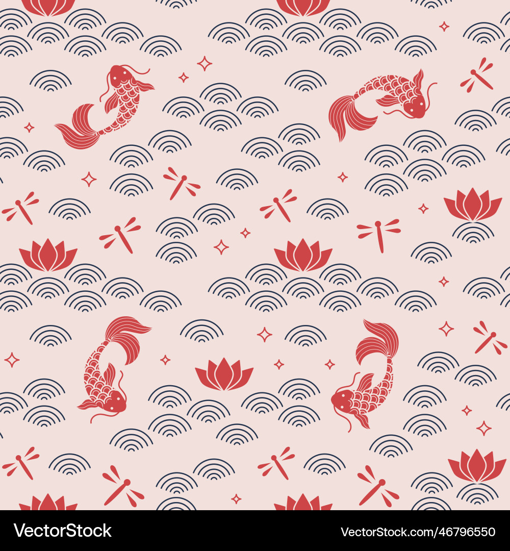 Japanese koi fish in sea waves pattern Royalty Free Vector