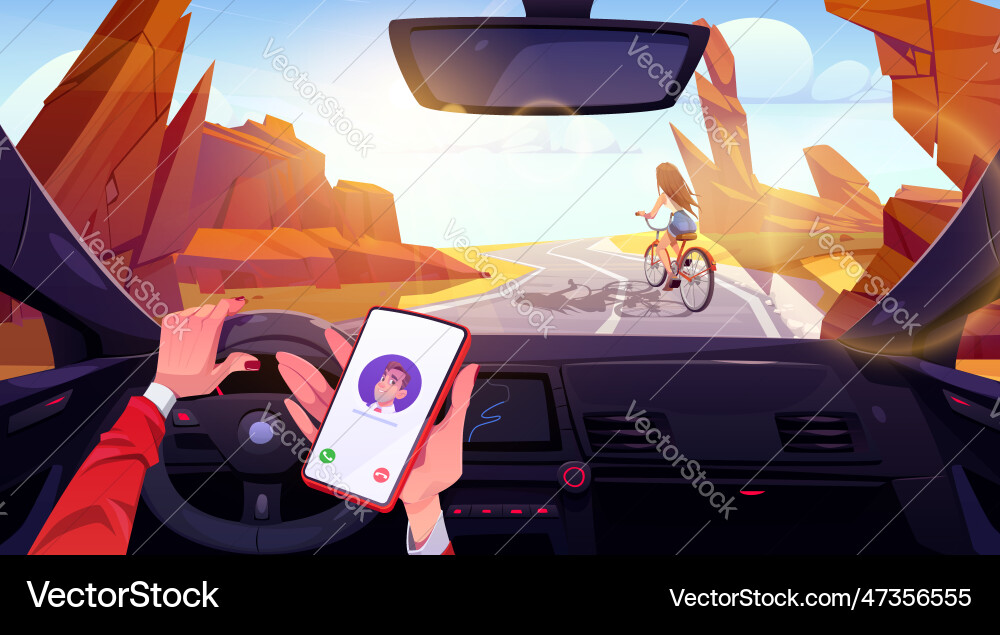 Driver inside car holding phone on desert road Vector Image