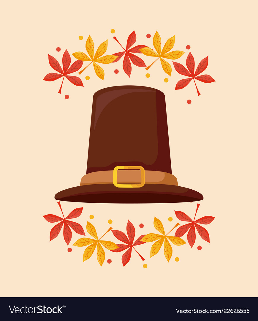 Pilgrim hat of thanksgiving day with leafs Vector Image