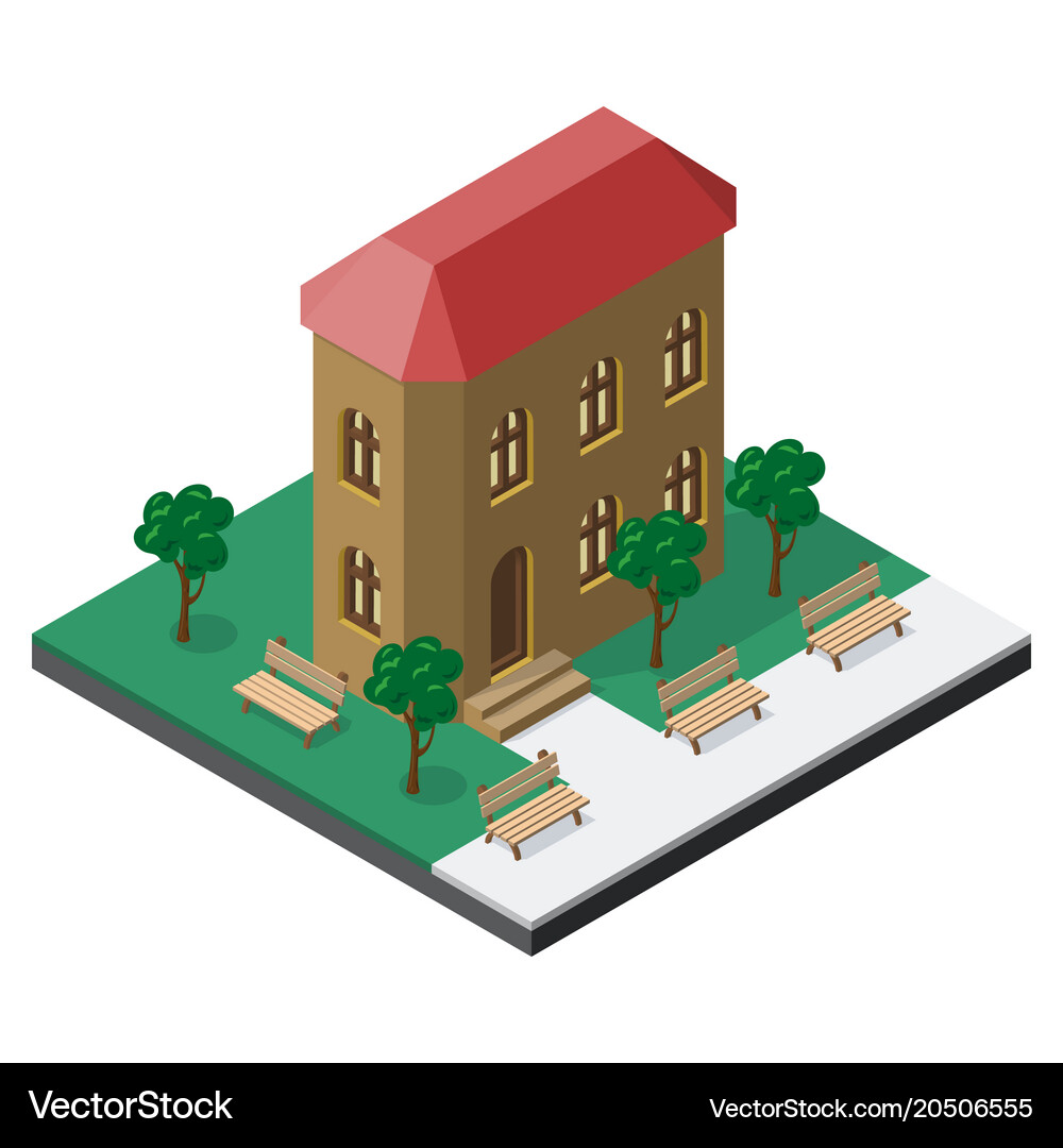 Two-story building with benches and trees Vector Image
