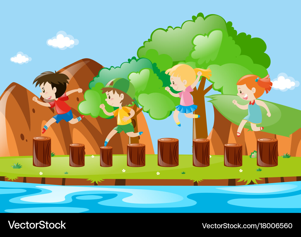 Four kids jumping on the logs Royalty Free Vector Image