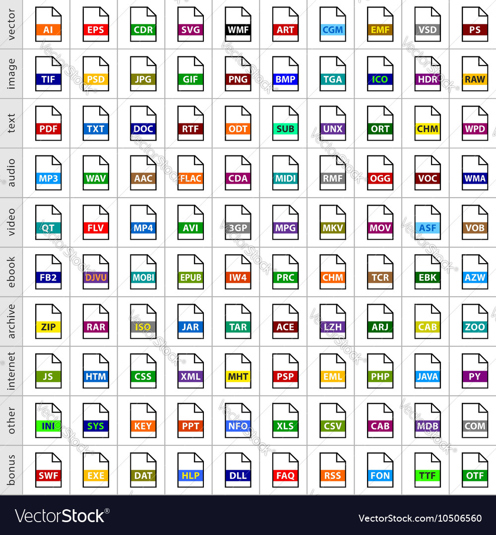 Set file types icons in flat style Royalty Free Vector Image