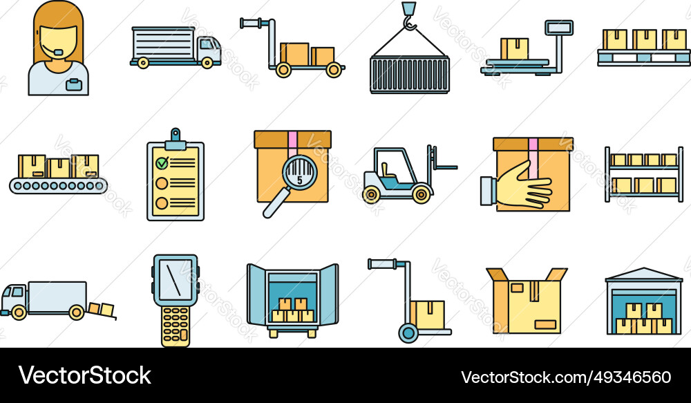 Warehouse building icons set color Royalty Free Vector Image