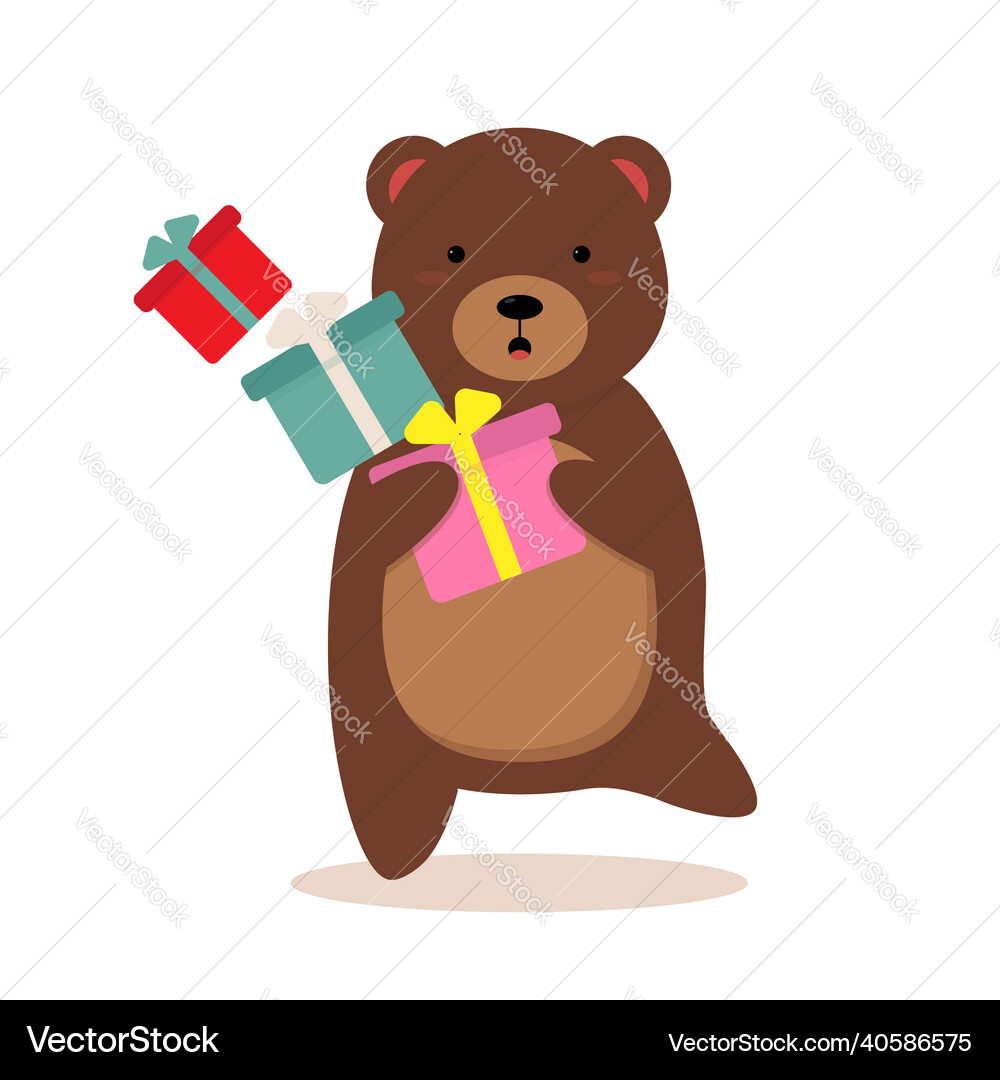 A cute cartoon bear with falling gifts Royalty Free Vector