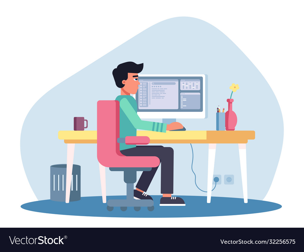 Sysadmine Computer Programmer Working At Computer Vector Image