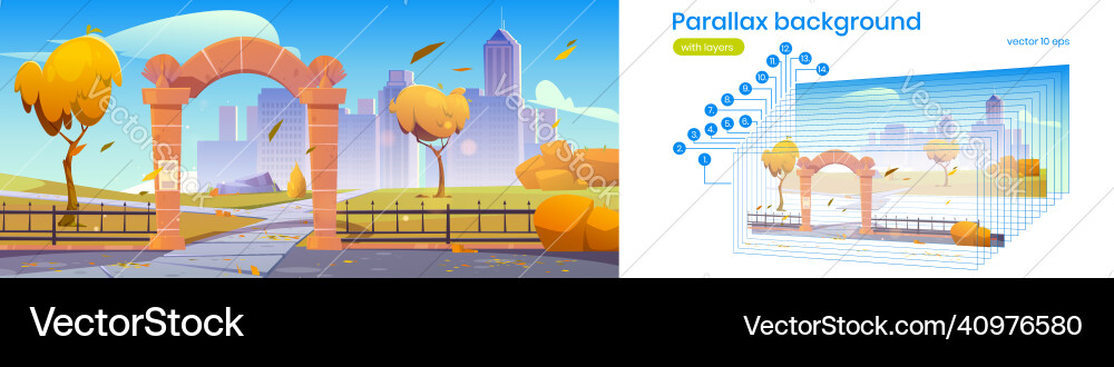 Parallax background autumn landscape with arch Vector Image