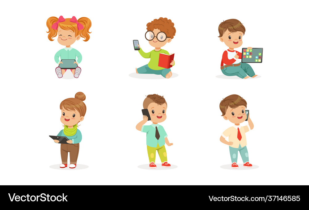 Cute kids using modern gadgets set little boys Vector Image