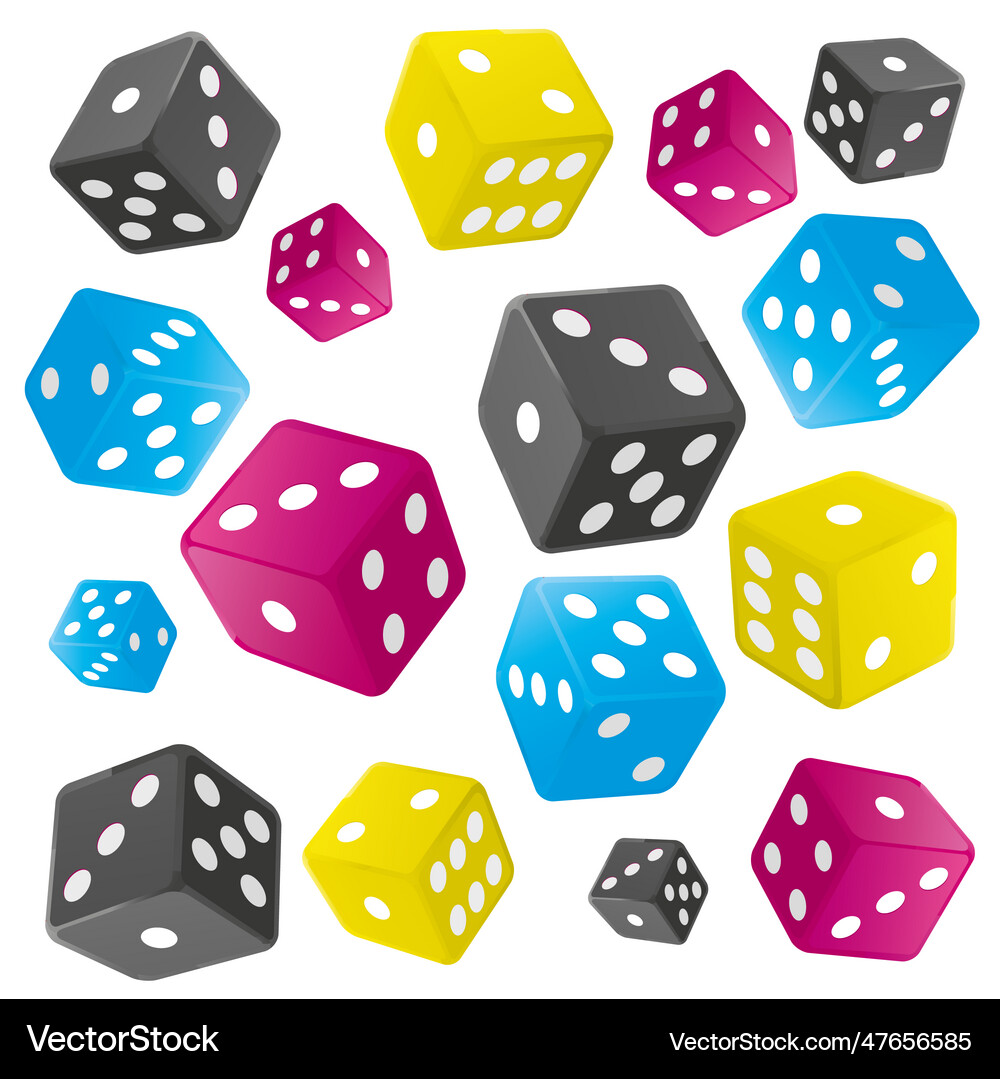 Dices with cmyk colors decorative background Vector Image