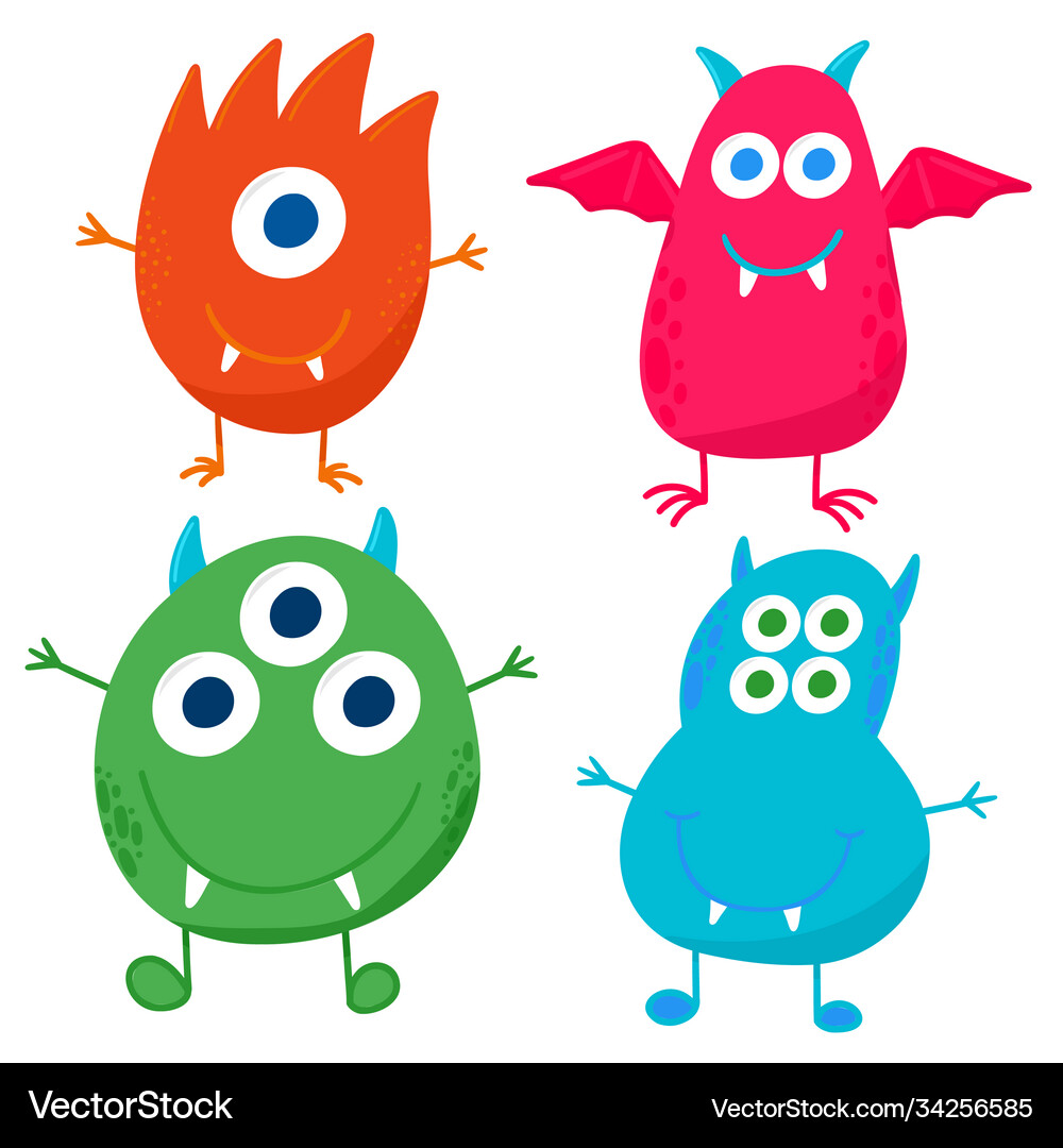 Four silly cartoon monsters with various nu Vector Image