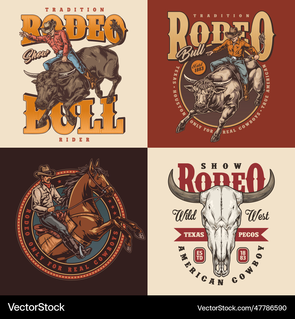 Cowboy rodeo colorful set posters Royalty Free Vector Image