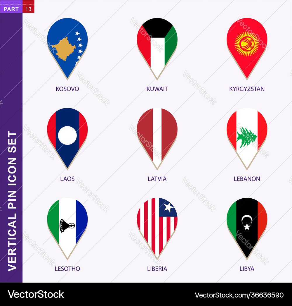 Vertical pin icon set 9 country flag Royalty Free Vector