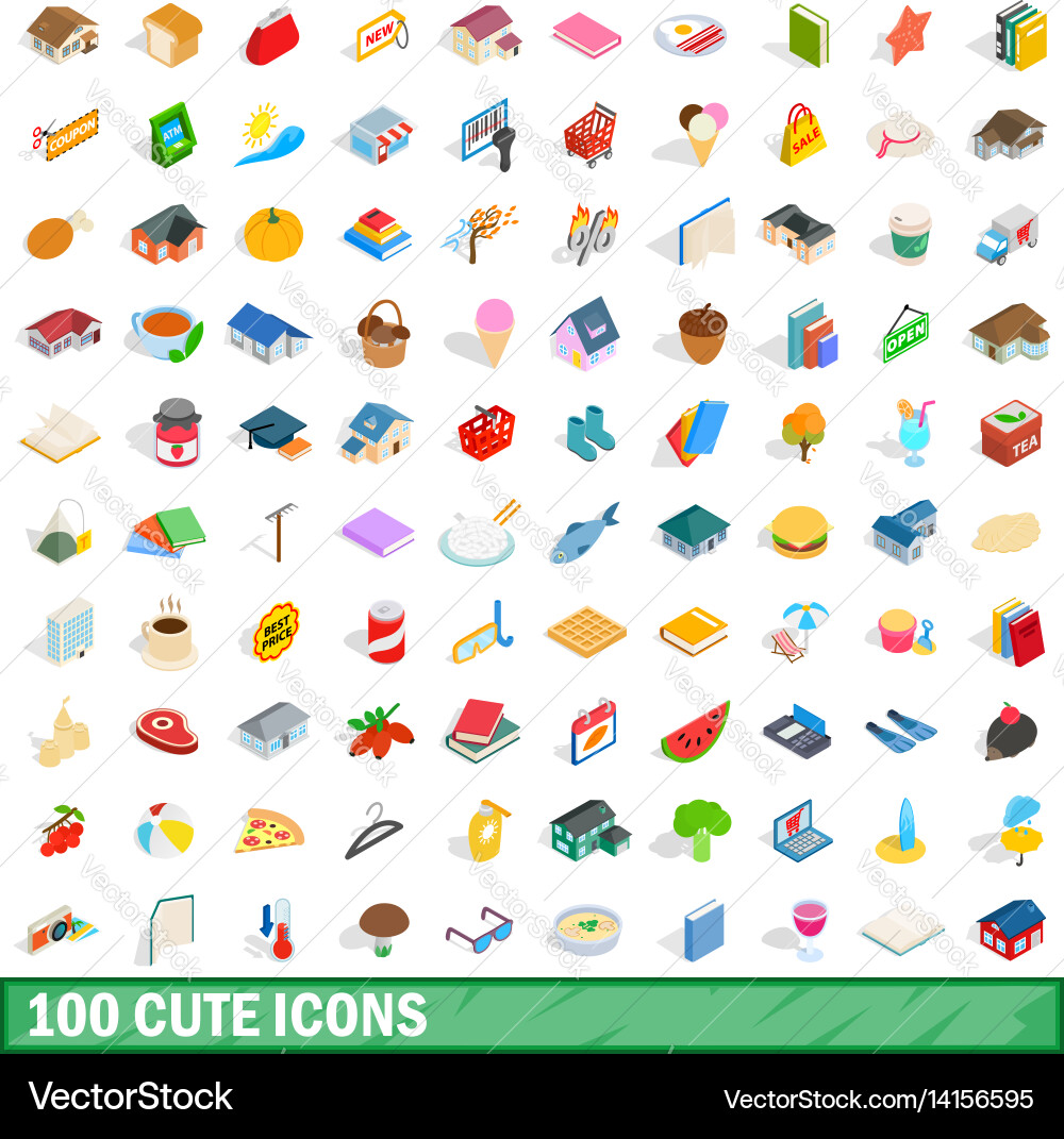 100 cute icons set isometric 3d style Royalty Free Vector