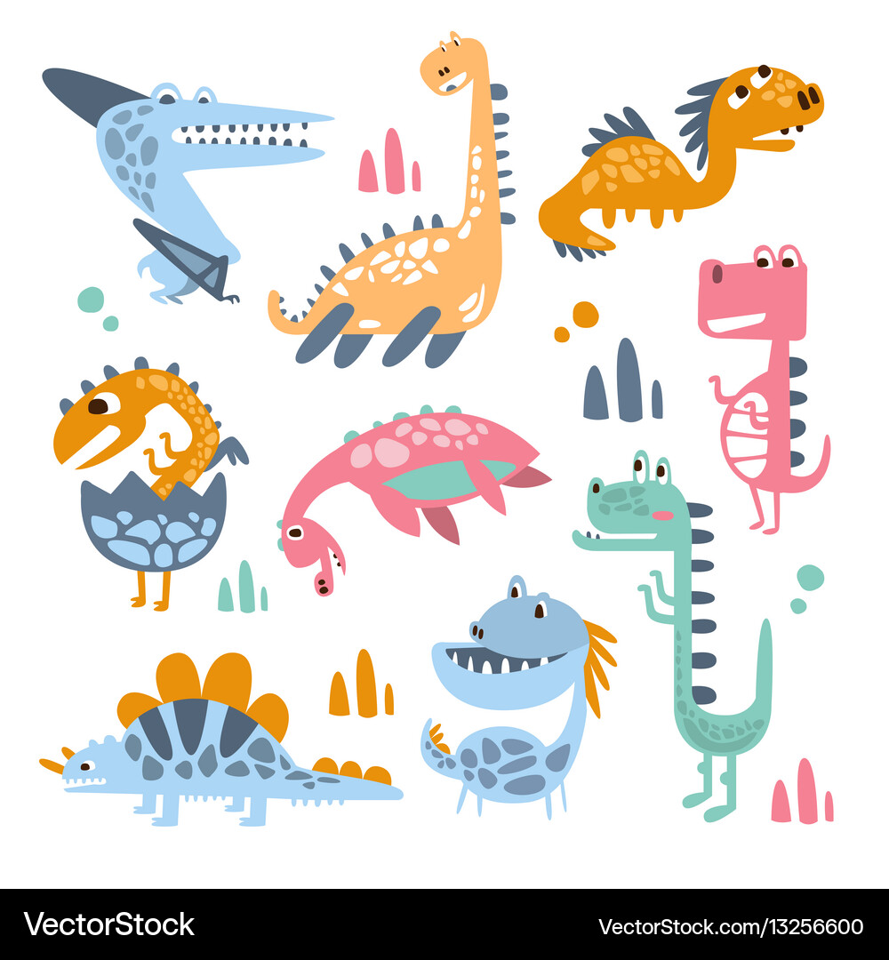 Funky stylized dinosaurs real species Royalty Free Vector