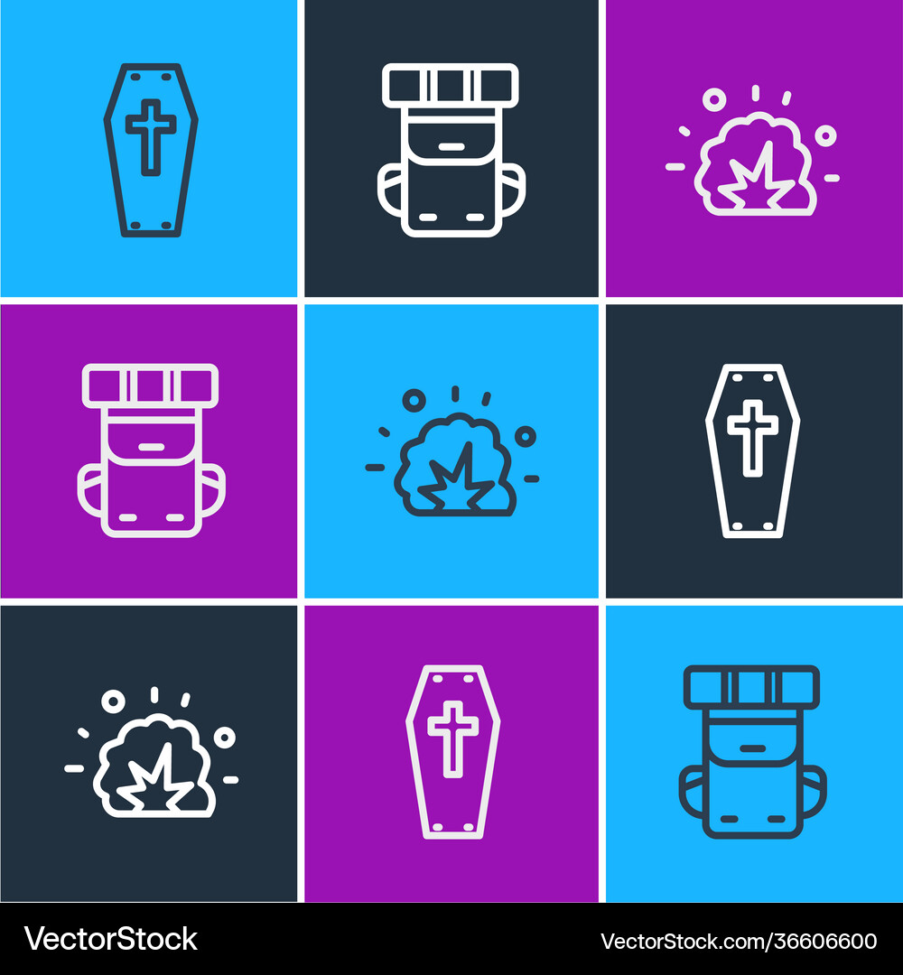Set line coffin with cross bomb explosion Vector Image