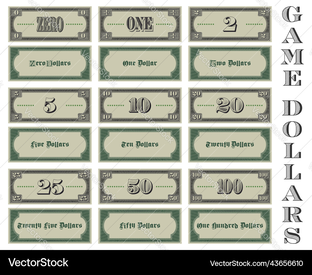 An example of a set gaming banknotes Royalty Free Vector
