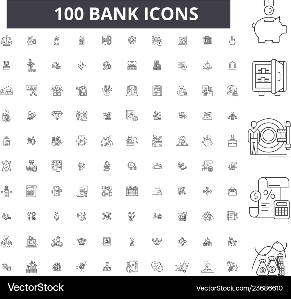 Bank editable line icons 100 set Royalty Free Vector Image