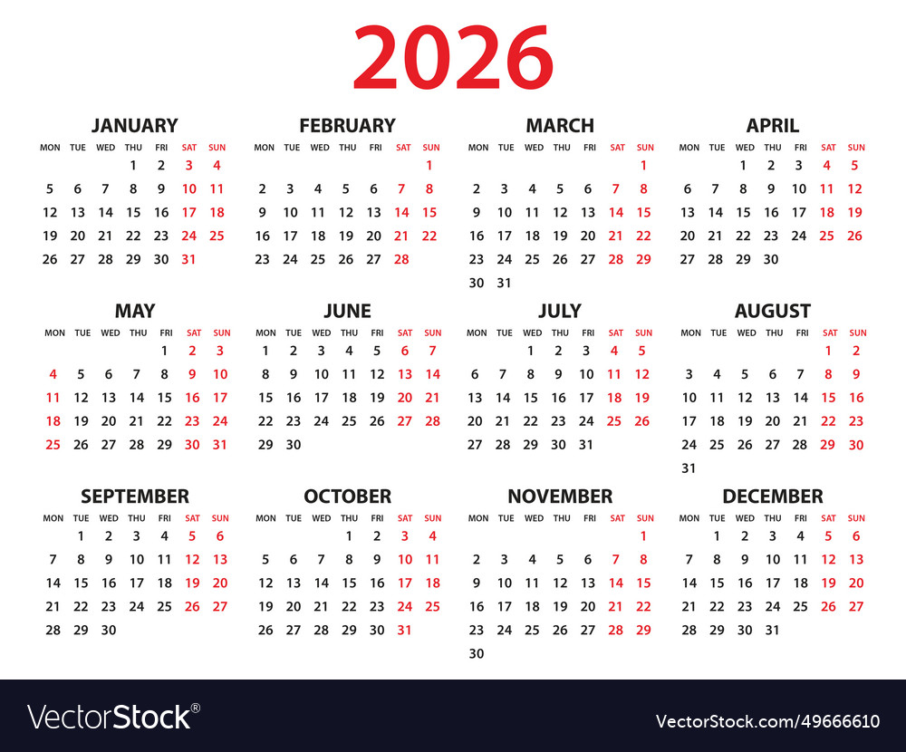 Calendar 2026 - Yearly Planner Royalty Free Vector Image