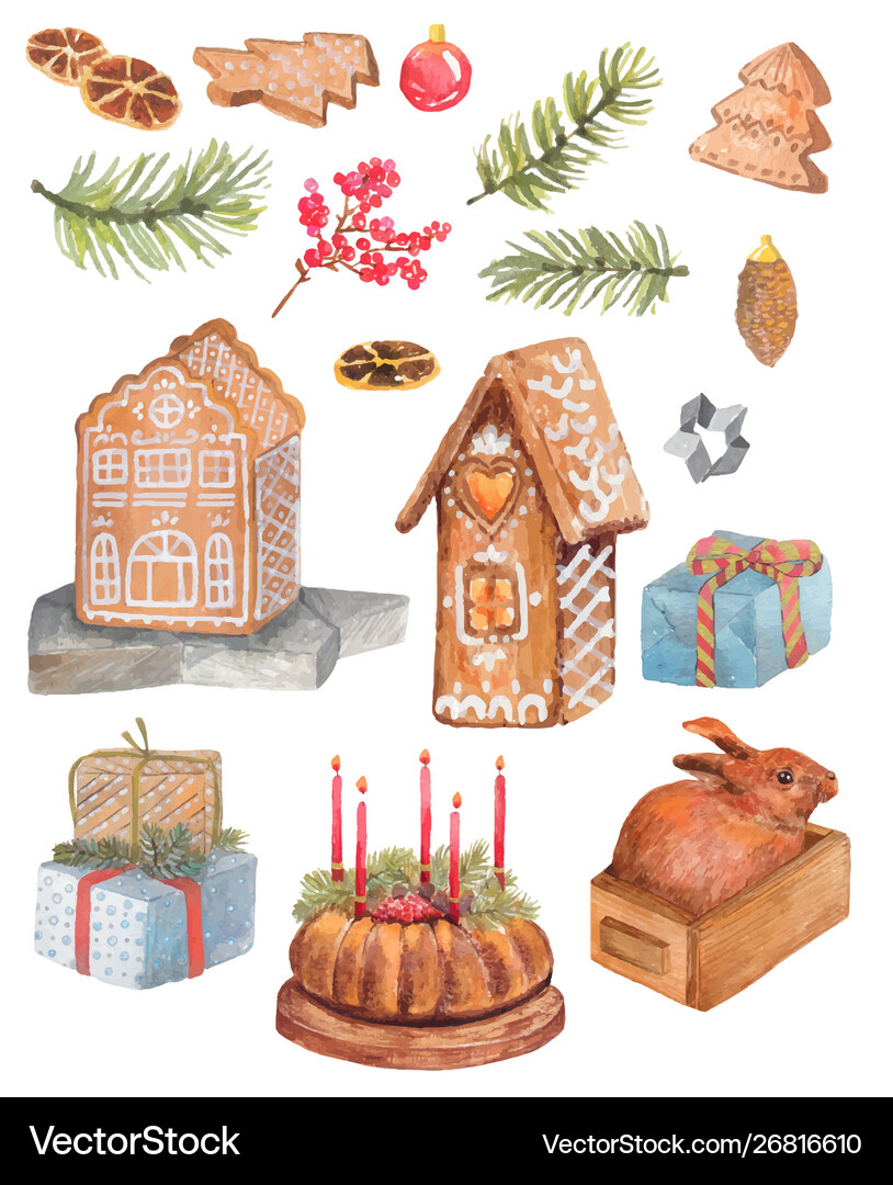 Christmas watercolor set sweets cake gingerbread Vector Image